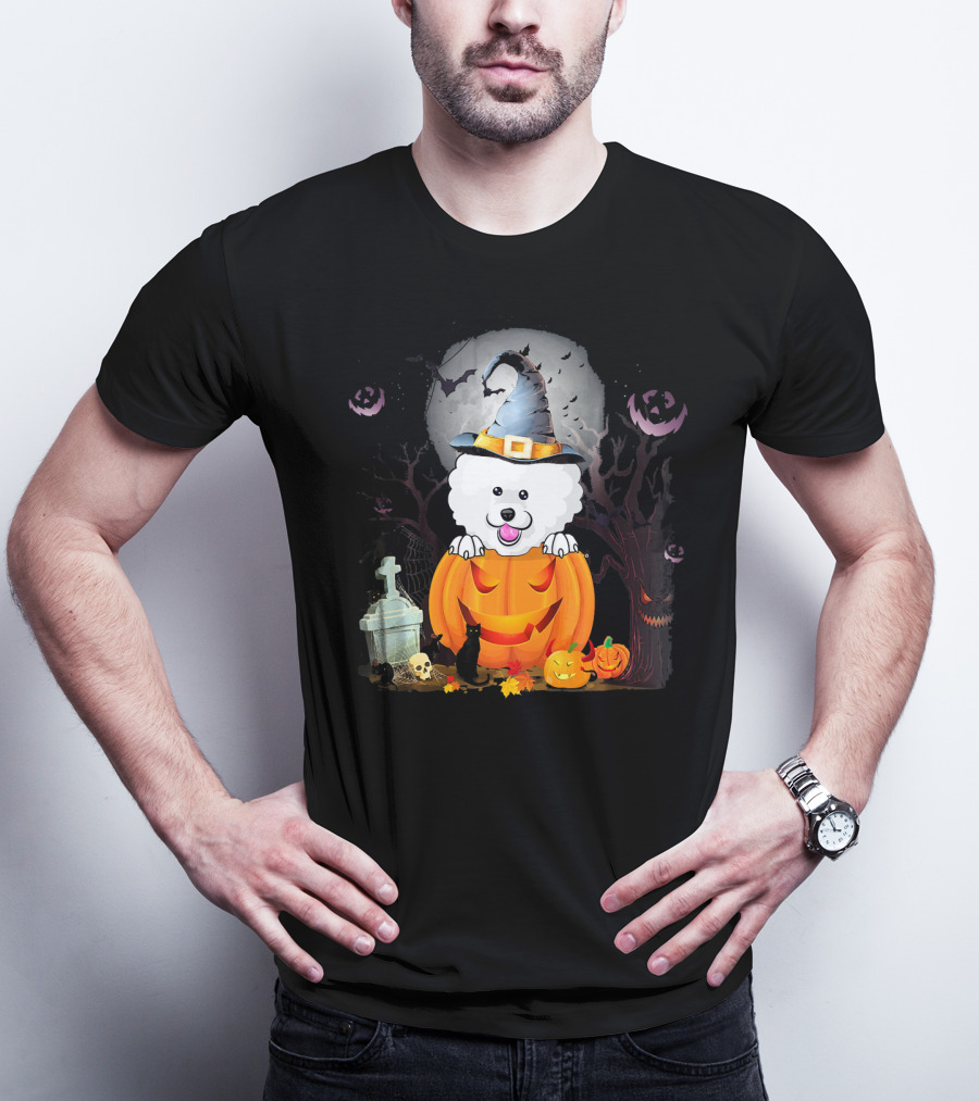 Bichon Frise Dog In Witch Hat With Halloween Pumpkin And Black Cat T-Shirt