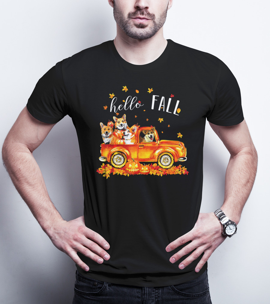 Hello Fall Corgis In Truck With Pumpkins And Leaves T-Shirt