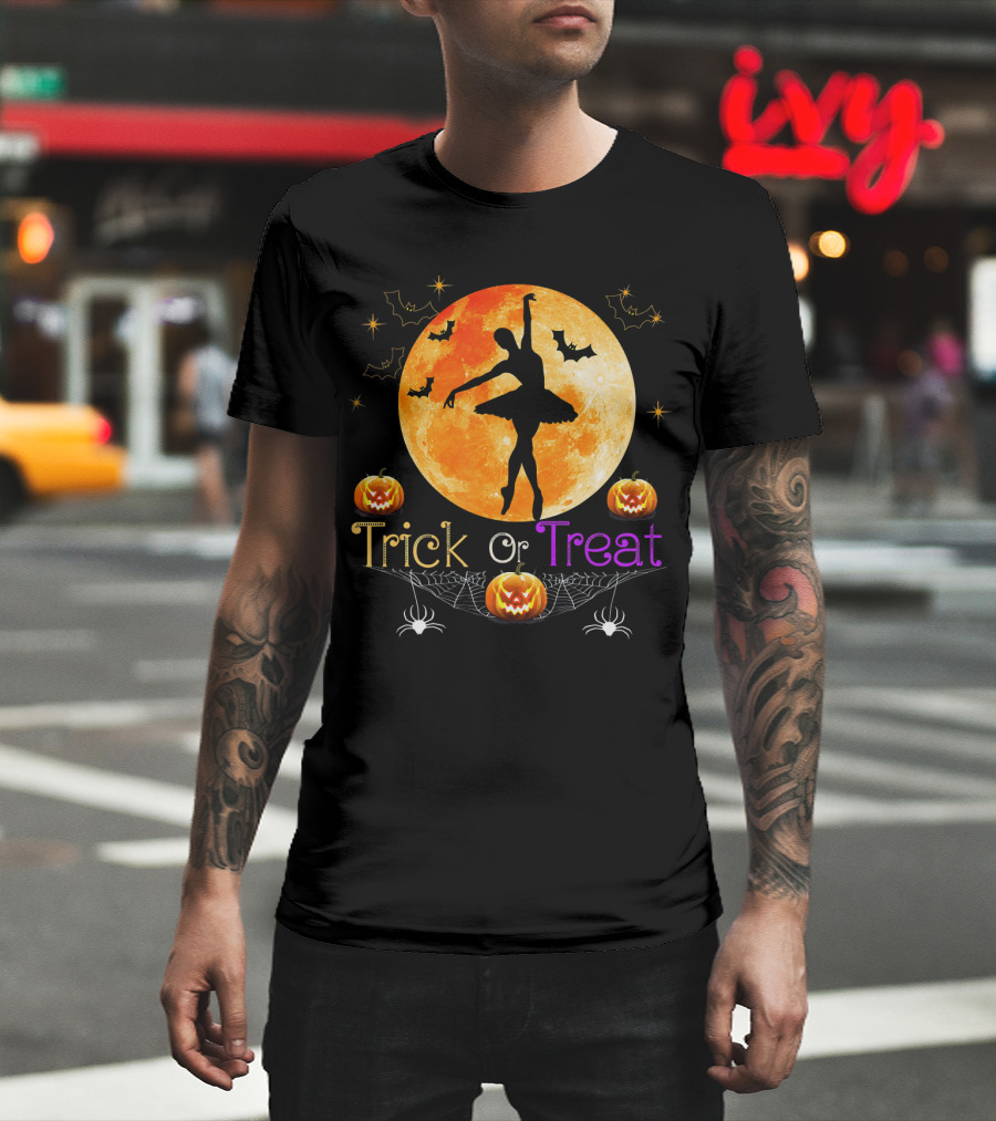 Trick Or Treat Ballerina Halloween Moon Pumpkins Bats Spiders T-Shirt