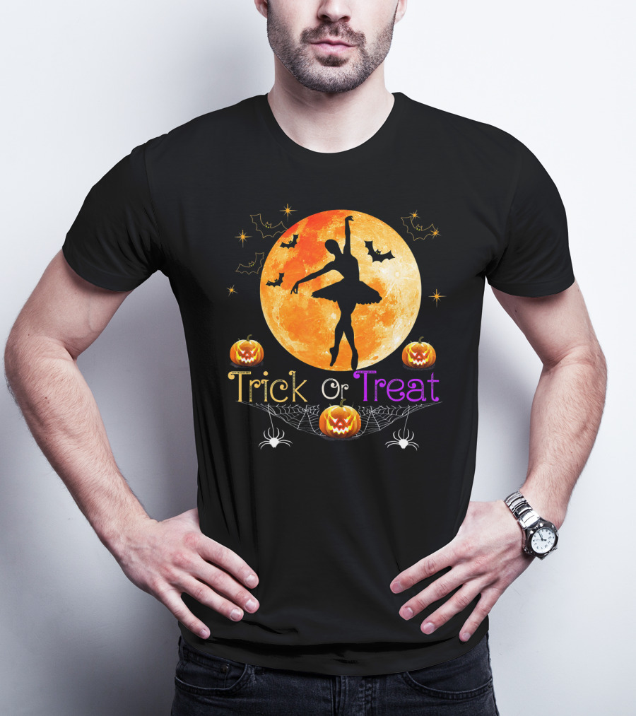 Trick Or Treat Ballerina Halloween Moon Pumpkins Bats Spiders T-Shirt