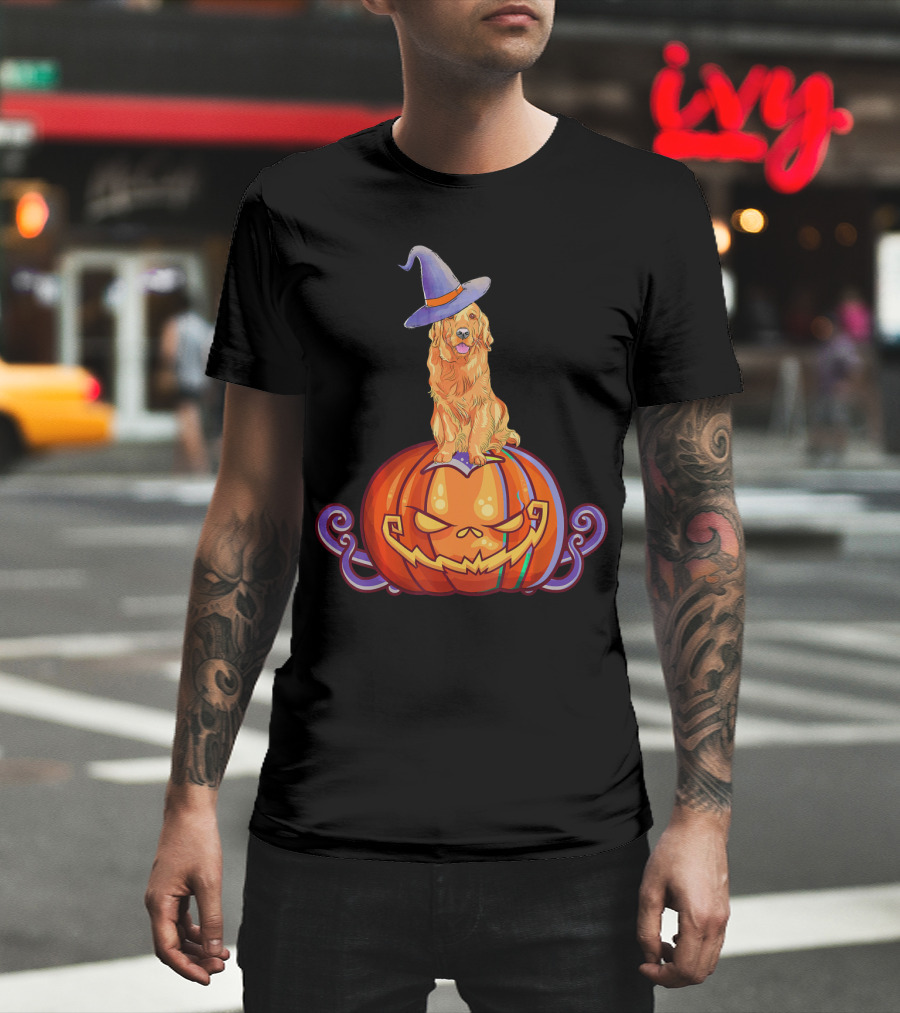Golden Retriever Halloween Pumpkin Witch Hat T-Shirt