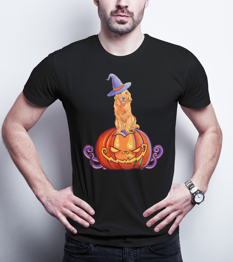 Golden Retriever Halloween Pumpkin Witch Hat T-Shirt