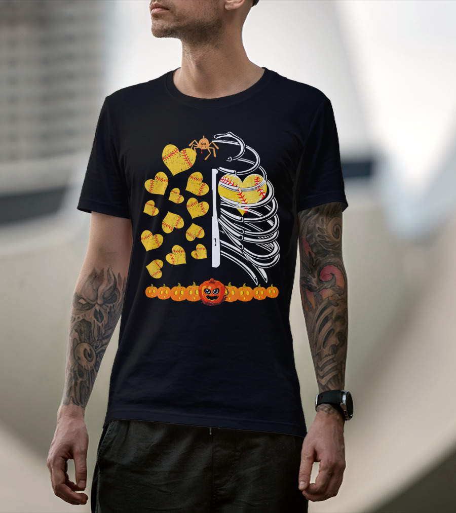 Funny Halloween Skeleton Softball Hearts Pumpkins Spider T-Shirt