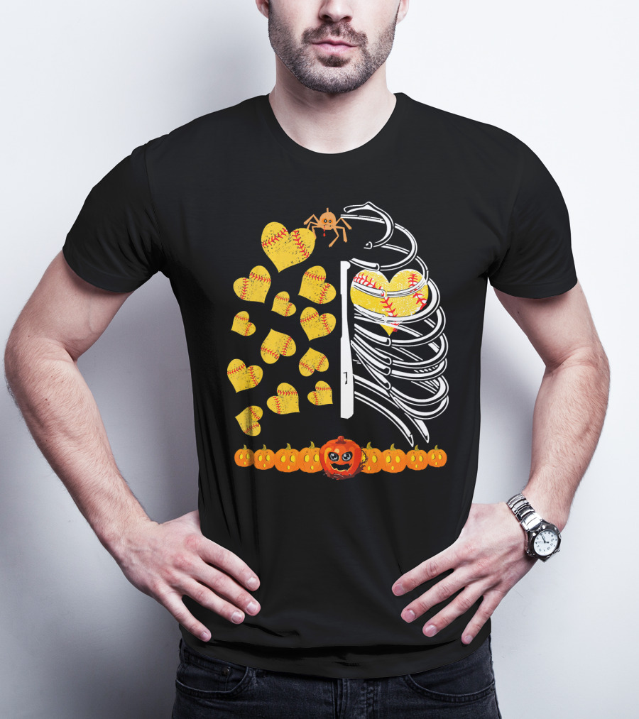 Funny Halloween Skeleton Softball Hearts Pumpkins Spider T-Shirt