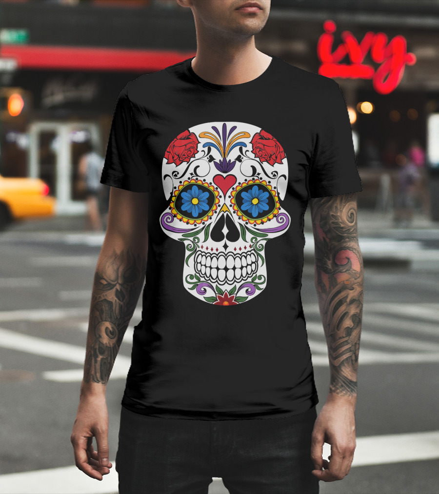 Day Of Dead Sugar Skull With Roses And Flowers T-Shirt
