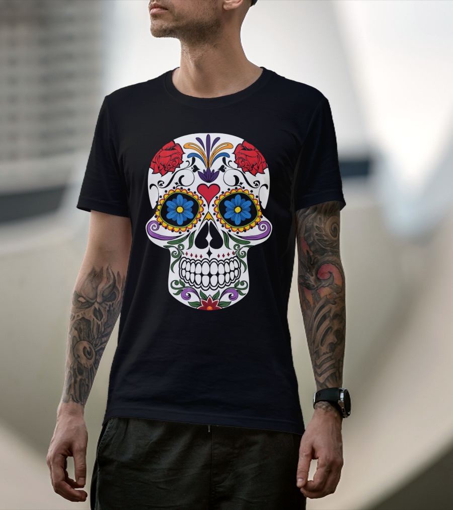Day Of Dead Sugar Skull With Roses And Flowers T-Shirt