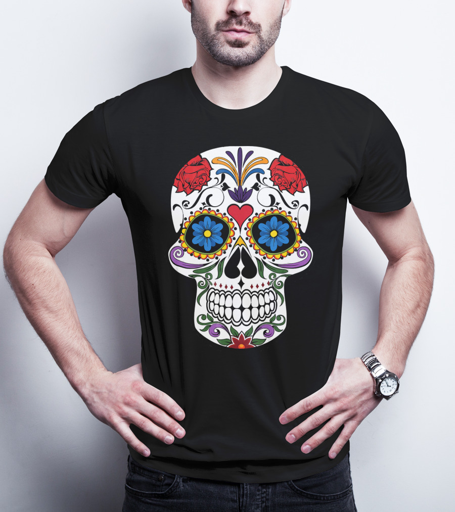 Day Of Dead Sugar Skull With Roses And Flowers T-Shirt