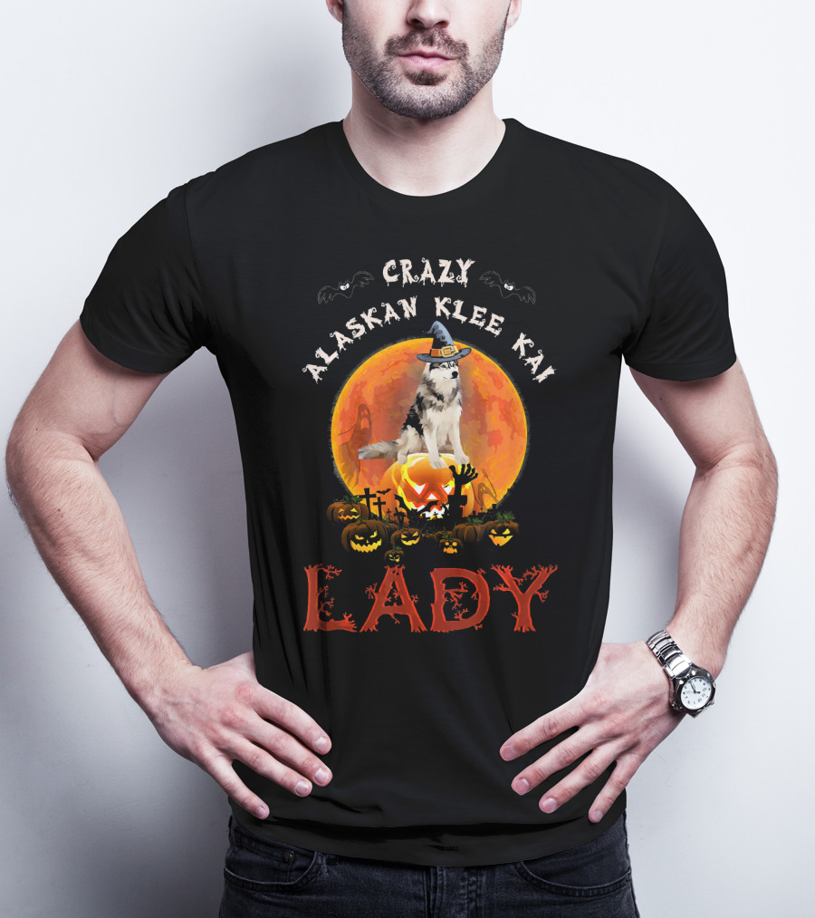 Crazy Alaskan Klee Kai Lady Halloween Moon Pumpkin Graveyard T-Shirt