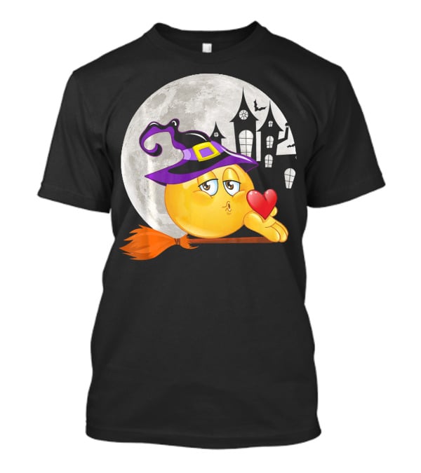 Kissing Face Emoji Witch Hat Broomstick With Heart In Front Of Spooky House And Full Moon T-Shirt