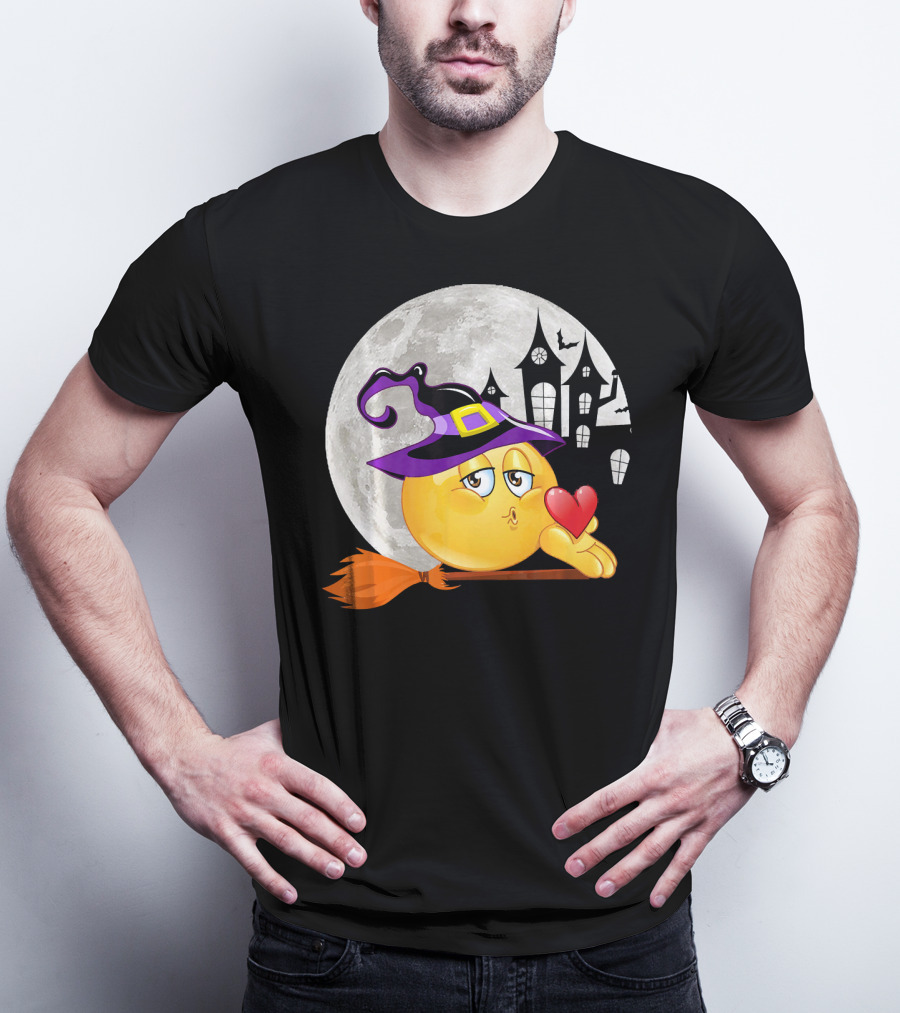 Kissing Face Emoji Witch Hat Broomstick With Heart In Front Of Spooky House And Full Moon T-Shirt