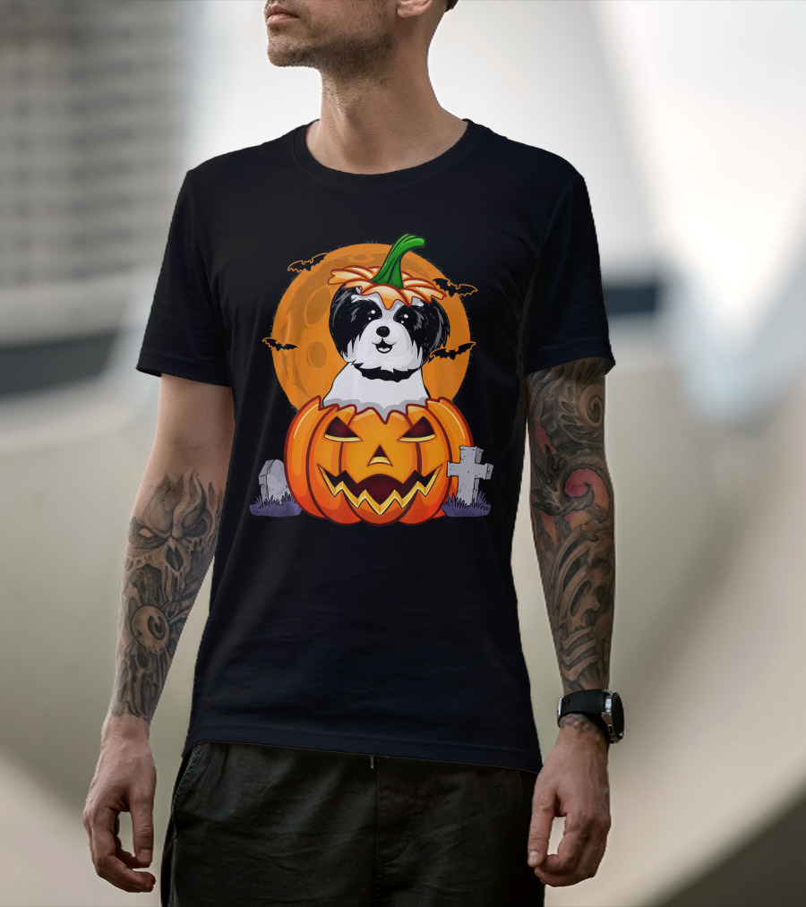 Funny Shih Tzu Pumpkin Halloween Moon Bats Graveyard T-Shirt