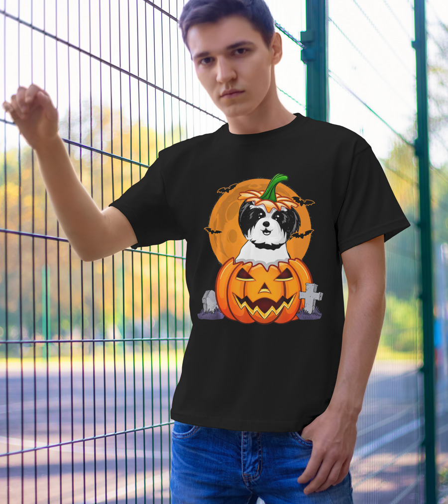 Funny Shih Tzu Pumpkin Halloween Moon Bats Graveyard T-Shirt