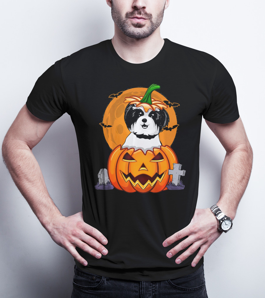 Funny Shih Tzu Pumpkin Halloween Moon Bats Graveyard T-Shirt