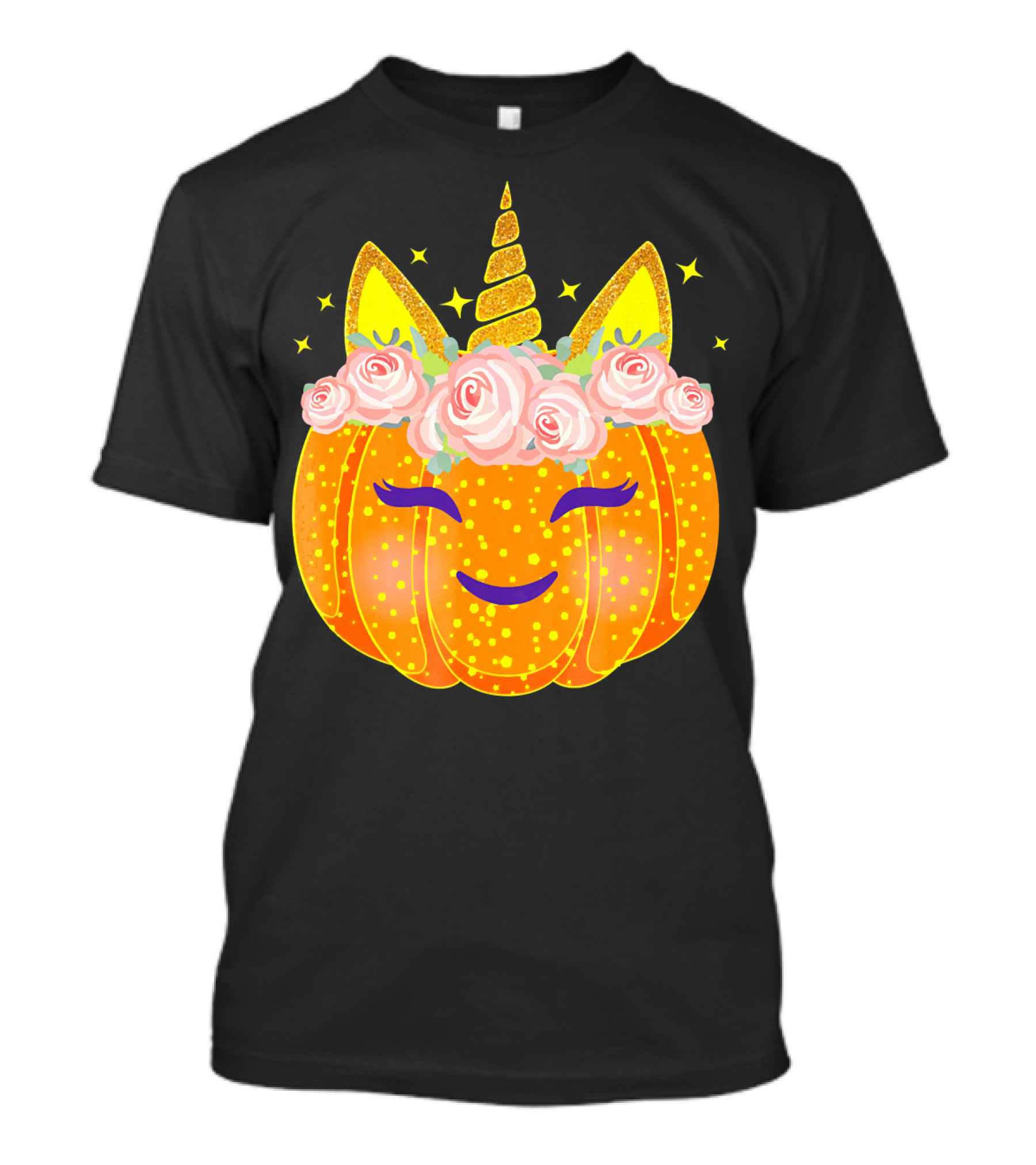 Smiling Unicorn Pumpkin With Flowers And Stars T-Shirt