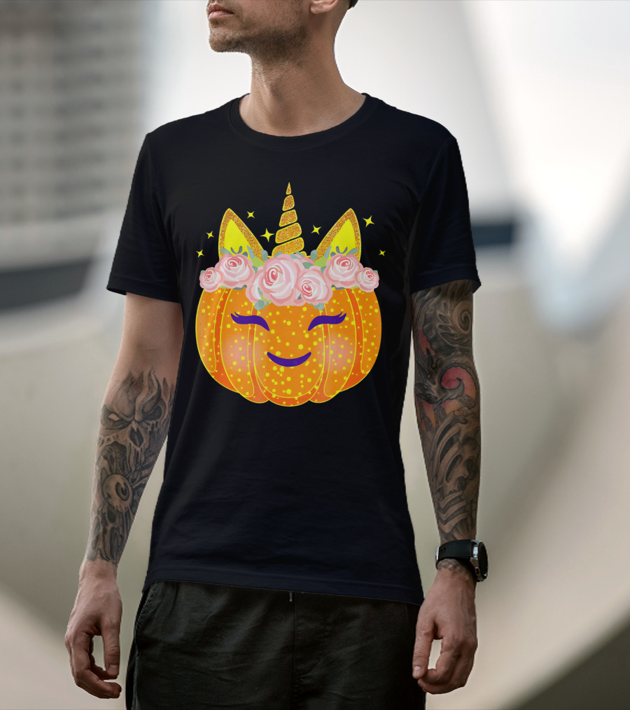 Smiling Unicorn Pumpkin With Flowers And Stars T-Shirt