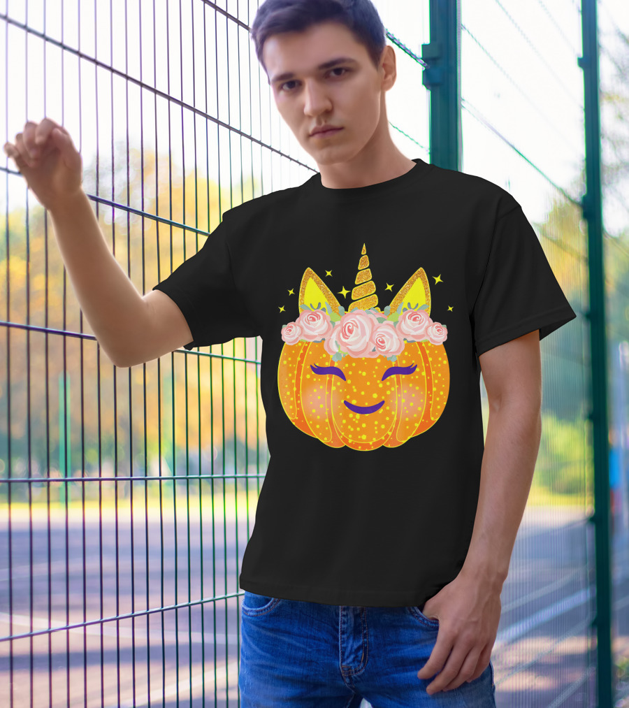 Smiling Unicorn Pumpkin With Flowers And Stars T-Shirt