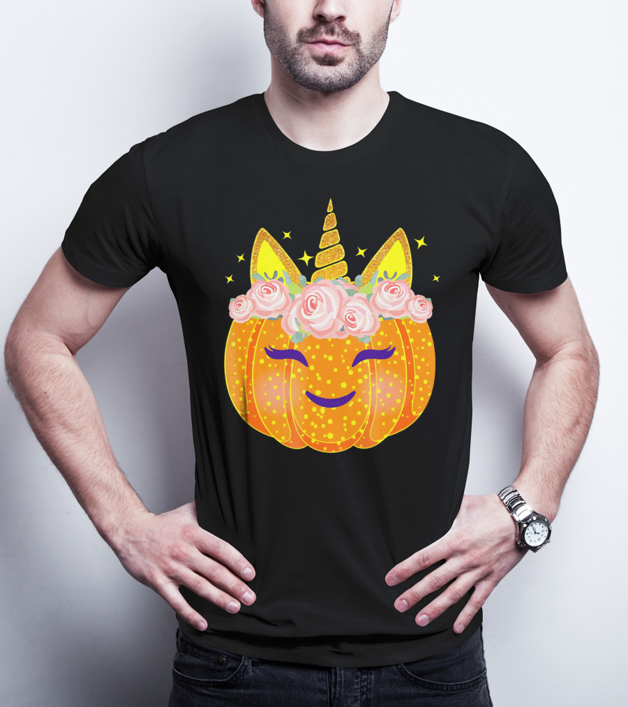 Smiling Unicorn Pumpkin With Flowers And Stars T-Shirt