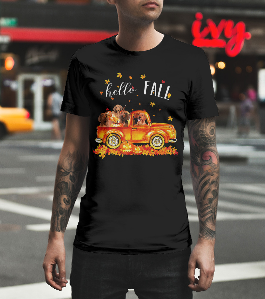 Hello Fall Dachshund Pumpkins Leaves Truck T-Shirt
