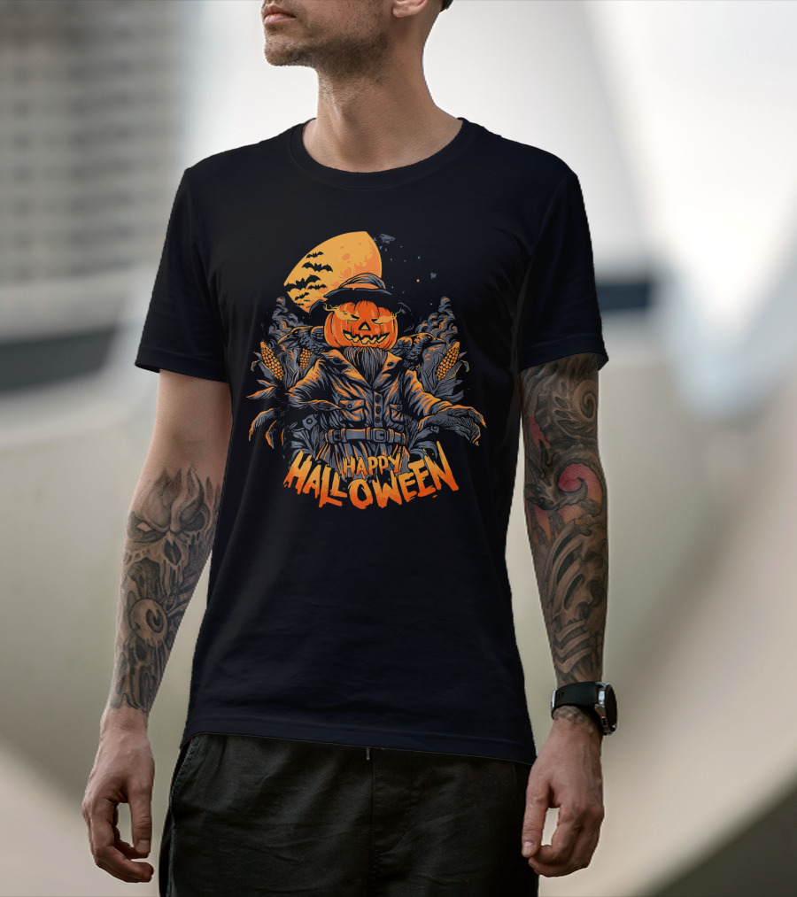 Happy Halloween Pumpkin Horror Moonlit Scarecrow Cornfield T-Shirt