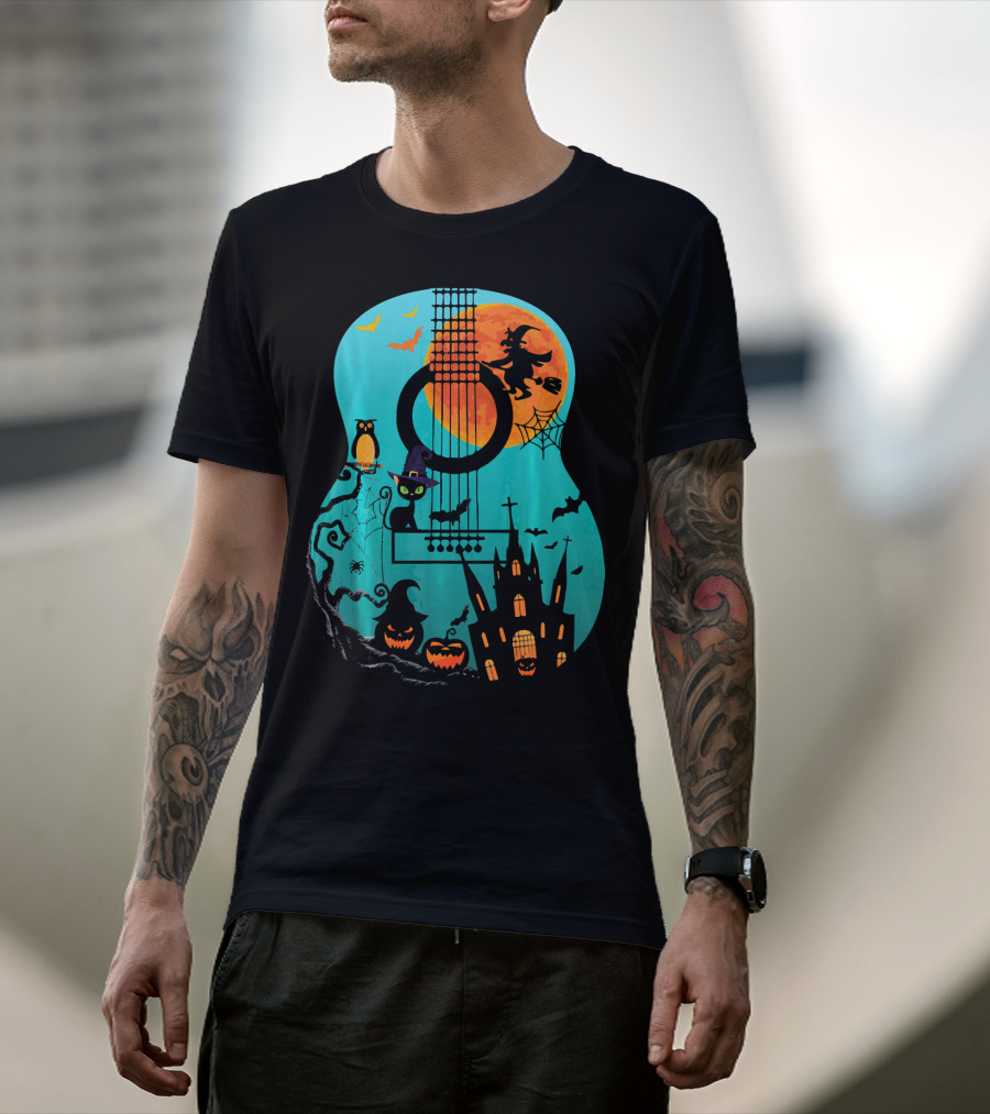 Guitar Lover Scary Halloween Pumpkin Music Witch Castle Cat Owl Bats Moon T-Shirt