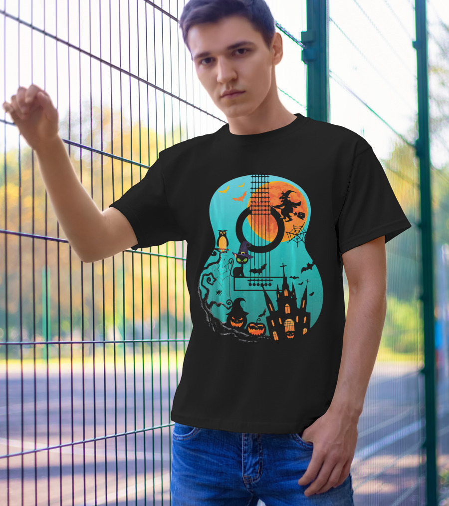 Guitar Lover Scary Halloween Pumpkin Music Witch Castle Cat Owl Bats Moon T-Shirt