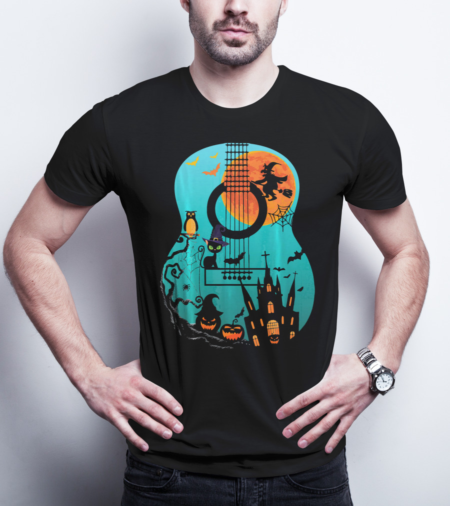 Guitar Lover Scary Halloween Pumpkin Music Witch Castle Cat Owl Bats Moon T-Shirt