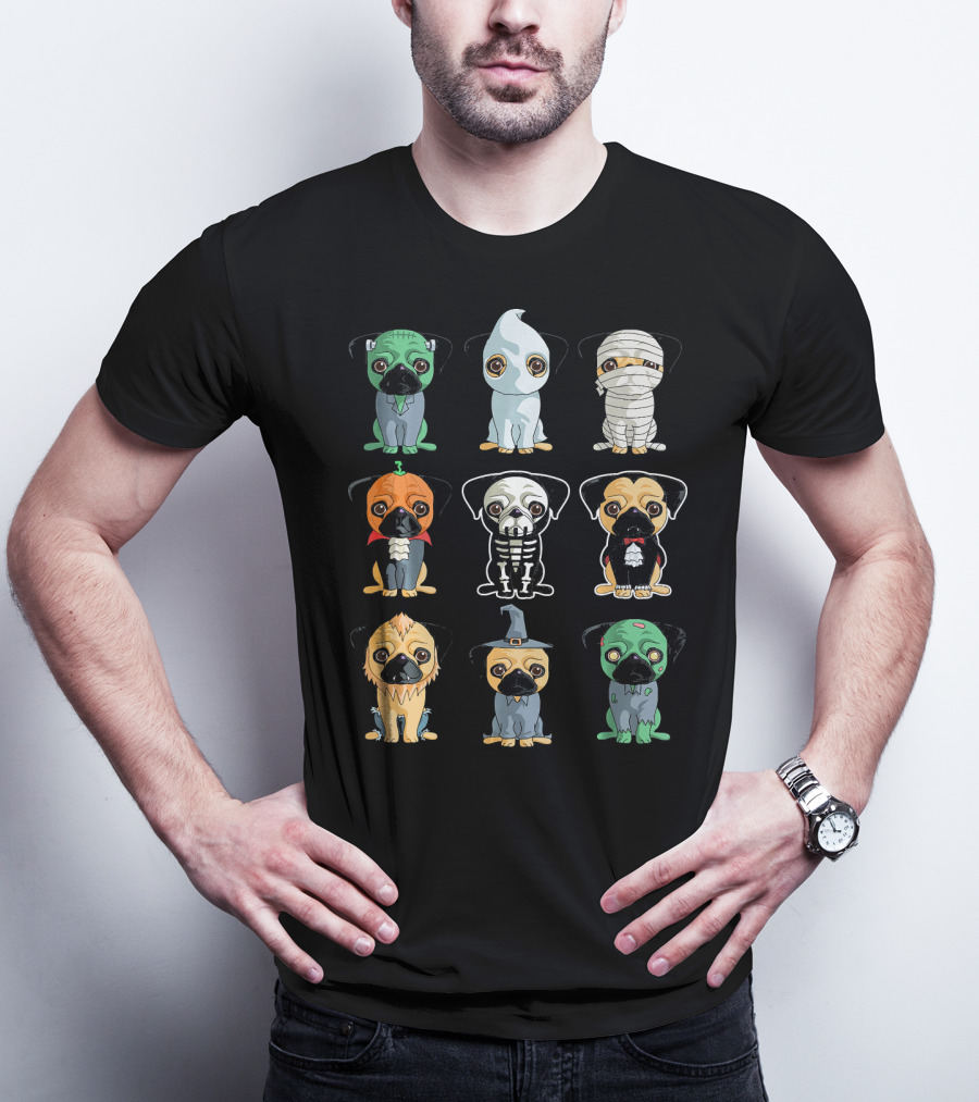 Cute Pugs Halloween Costumes Monster Ghost Mummy Vampire Skeleton Lion Wizard T-Shirt