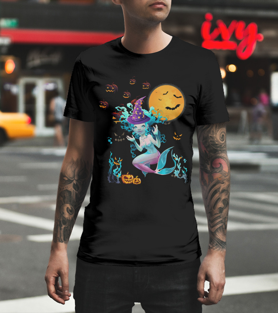 Halloween Mermaid Witch With Pumpkin Lanterns And Moon T-Shirt