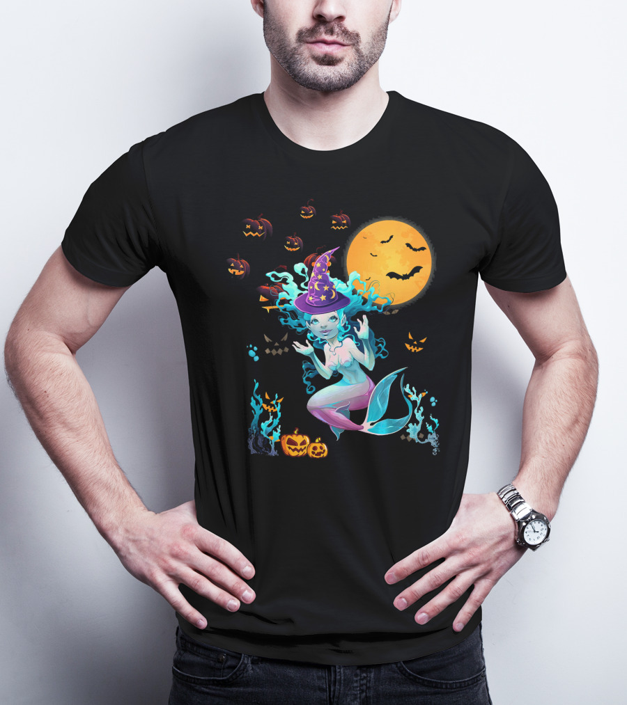Halloween Mermaid Witch With Pumpkin Lanterns And Moon T-Shirt