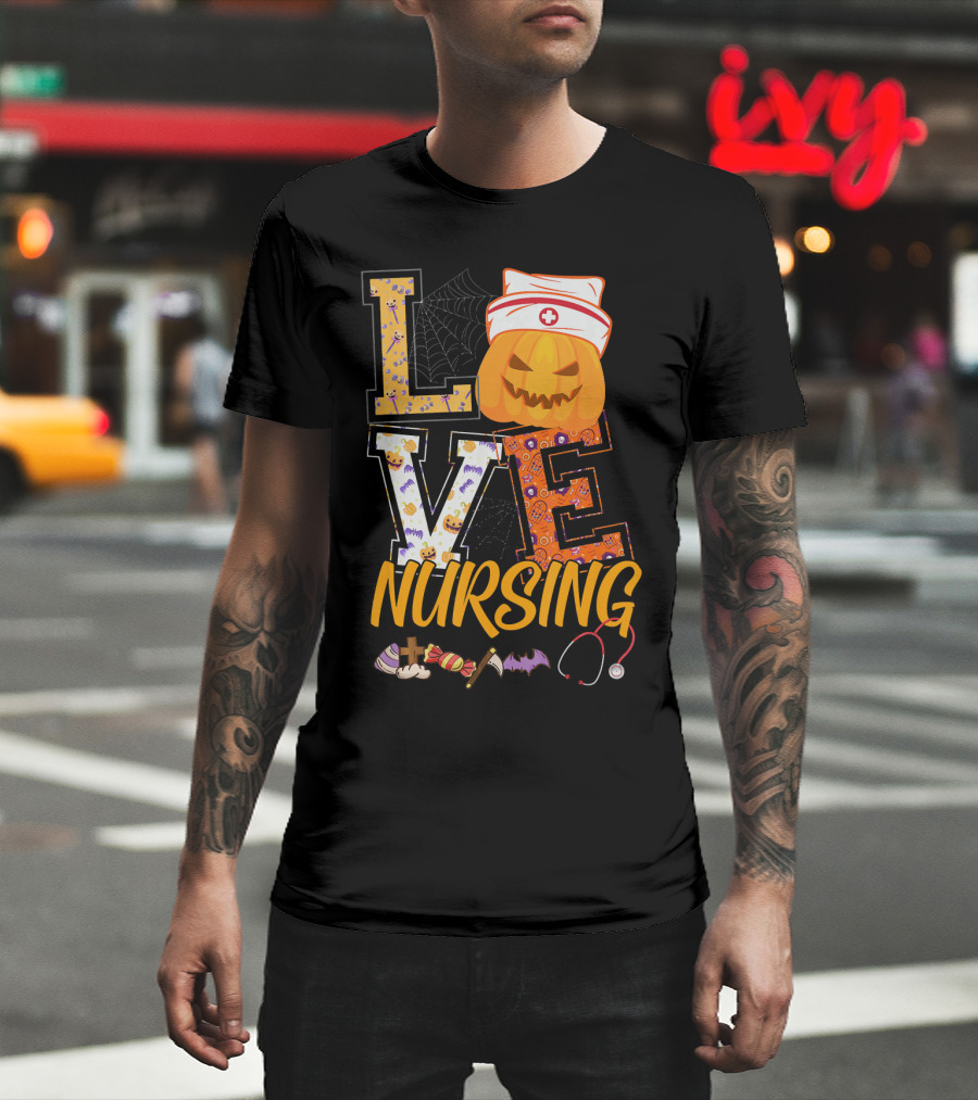 LOVE Nursing Pumpkin Halloween Nurse Stethoscope Spider Web Bat Candy T-Shirt