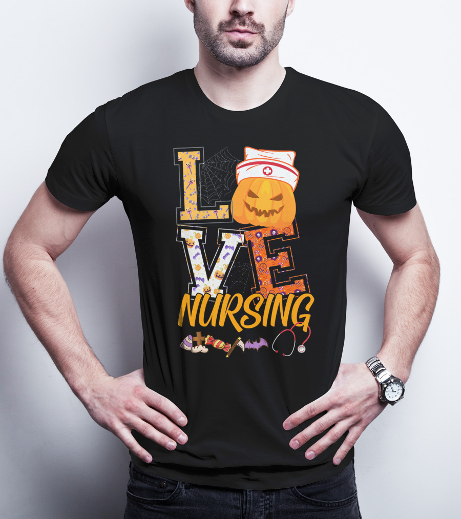 LOVE Nursing Pumpkin Halloween Nurse Stethoscope Spider Web Bat Candy T-Shirt