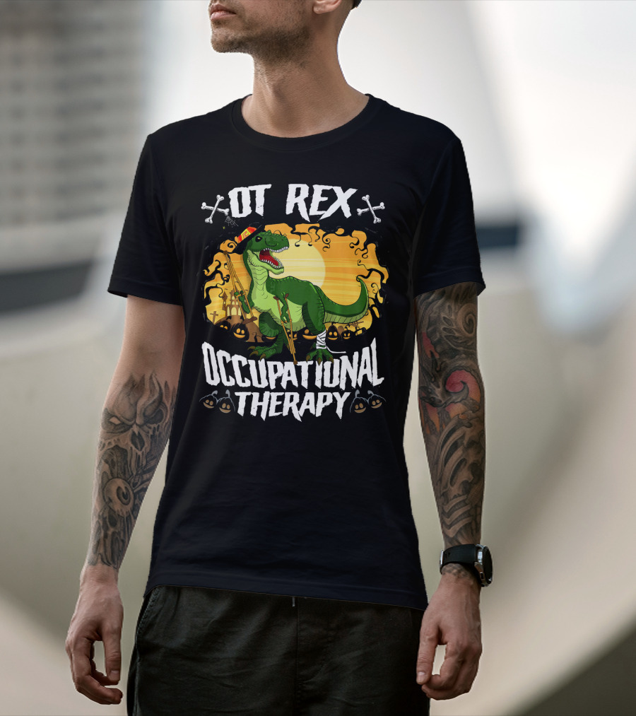 OT Rex Occupational Therapy Halloween Dinosaur With Crutches And Bandages T-Shirt