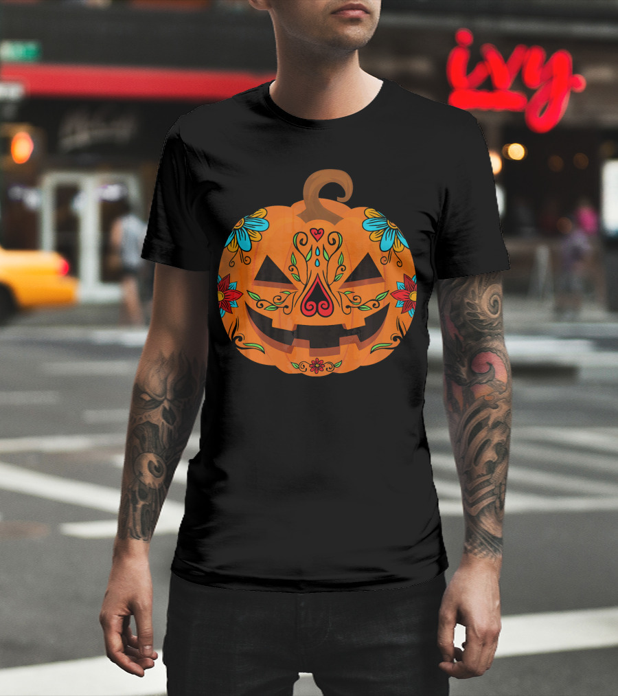 Pumpkin Sugar Skull Halloween Jack-O'-Lantern Floral T-Shirt