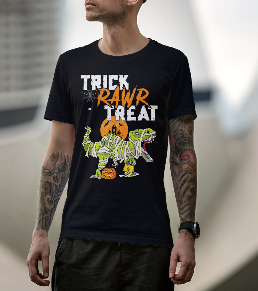 Trick Rawr Treat Dinosaur Mummy Halloween Rex Jack-O'-Lantern T-Shirt