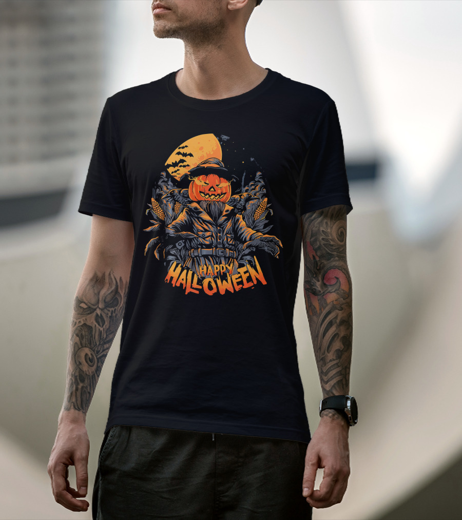Happy Halloween Scarecrow Pumpkin Moonlit Scene T-Shirt