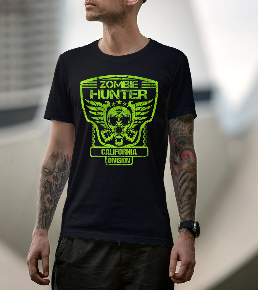 Zombie Hunter California Division Gas Mask Wings Emblem T-Shirt