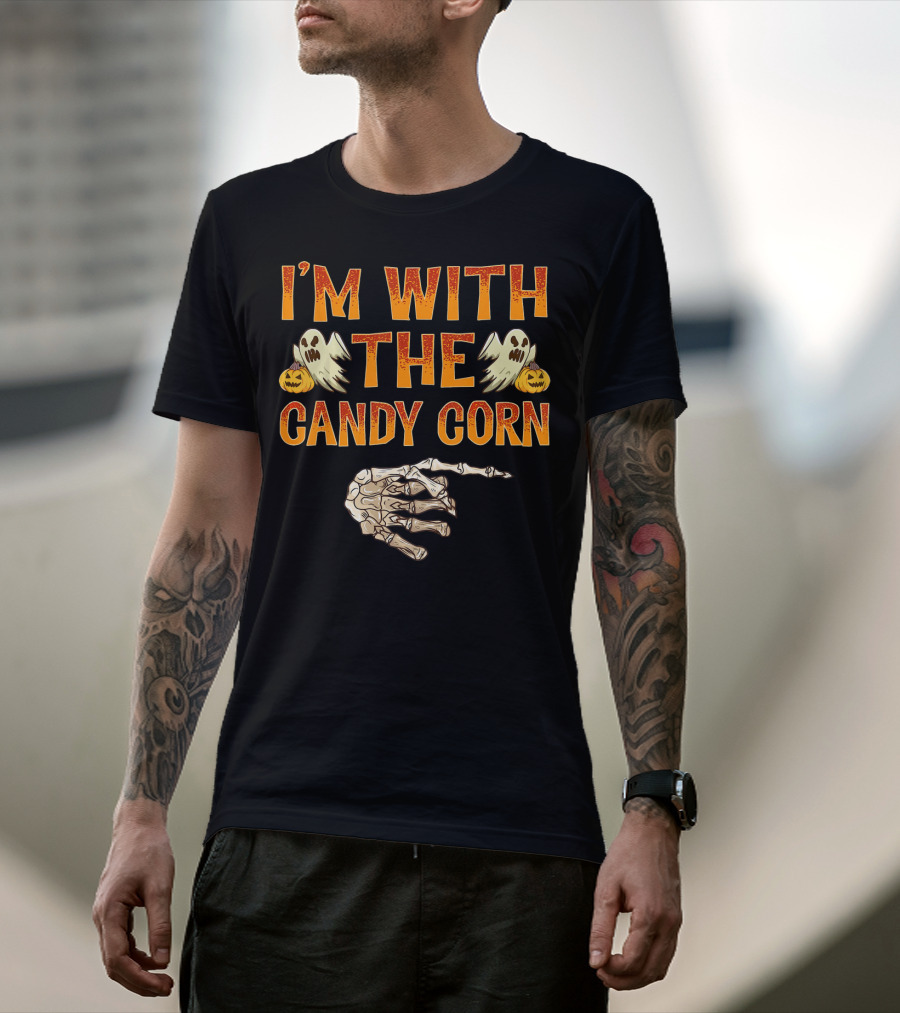 I'm With The Candy Corn Halloween Skeleton Hand Ghosts Pumpkins T-Shirt