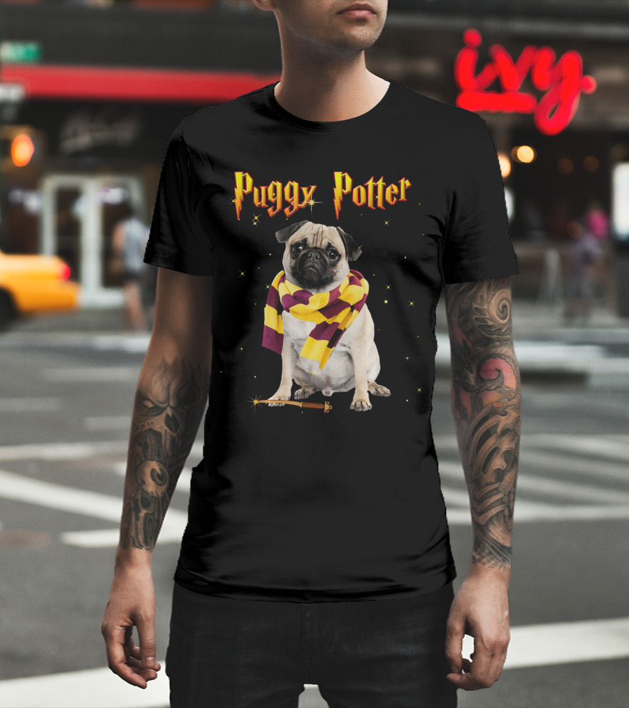 Puggy Potter Magic Wizard Pug With Scarf And Wand T-Shirt