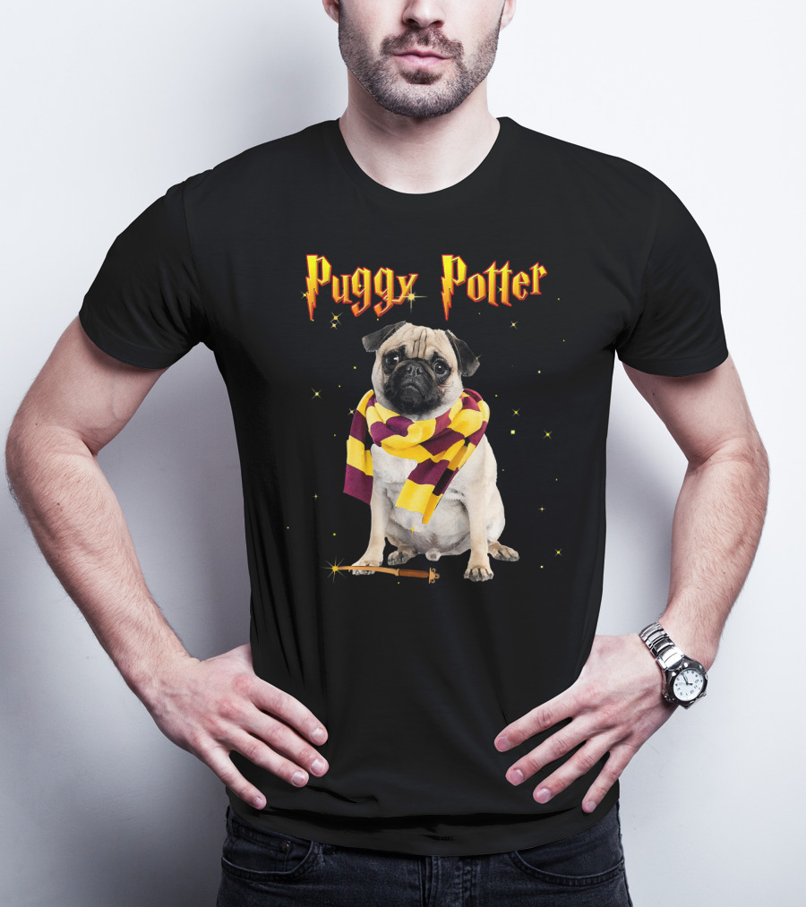 Puggy Potter Magic Wizard Pug With Scarf And Wand T-Shirt
