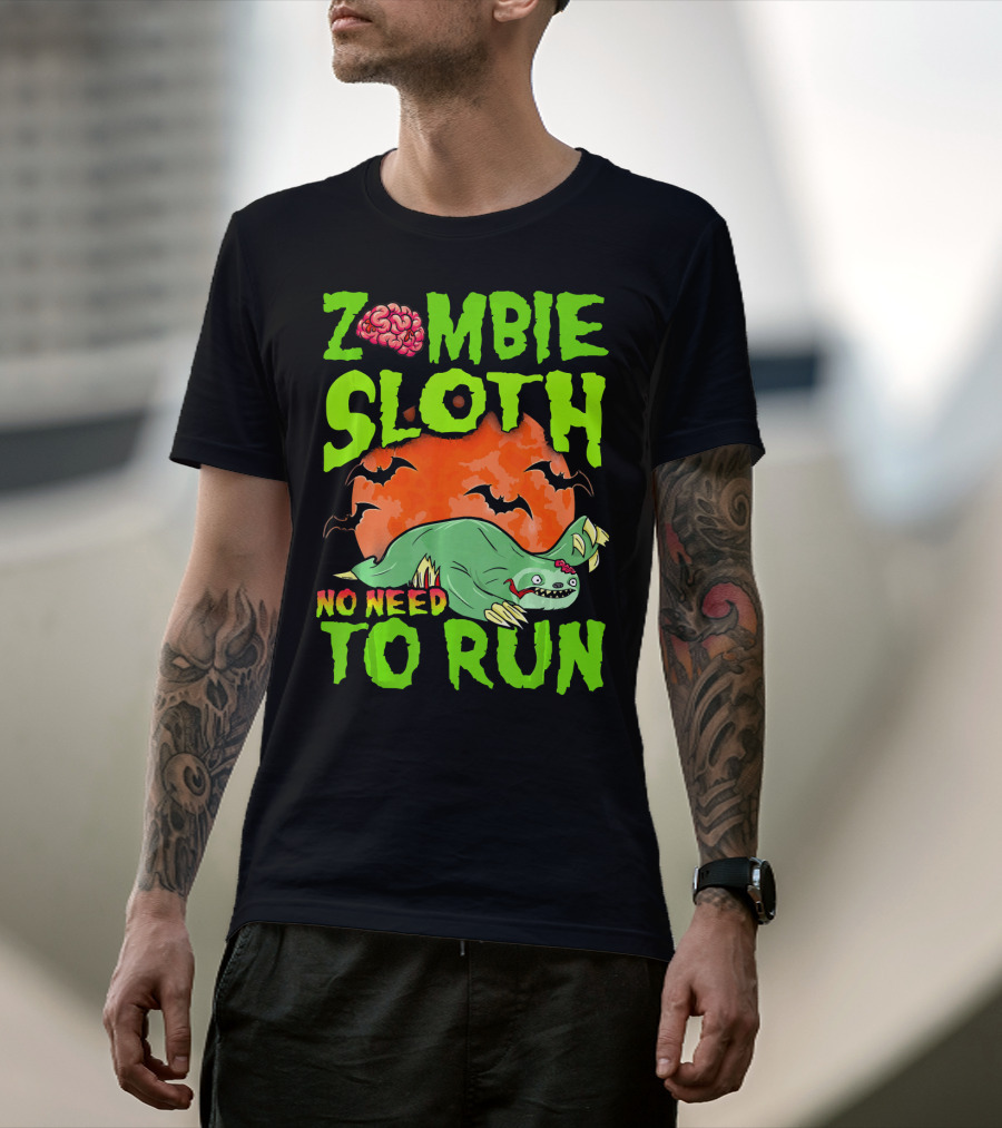 Zombie Sloth No Need To Run Halloween Brain Bats T-Shirt