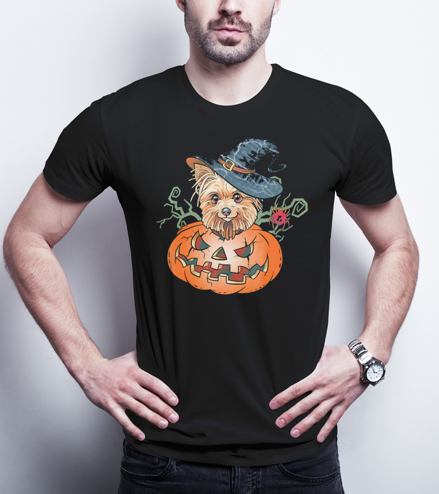 Yorkshire Terrier Witch Hat Pumpkin Halloween T-Shirt