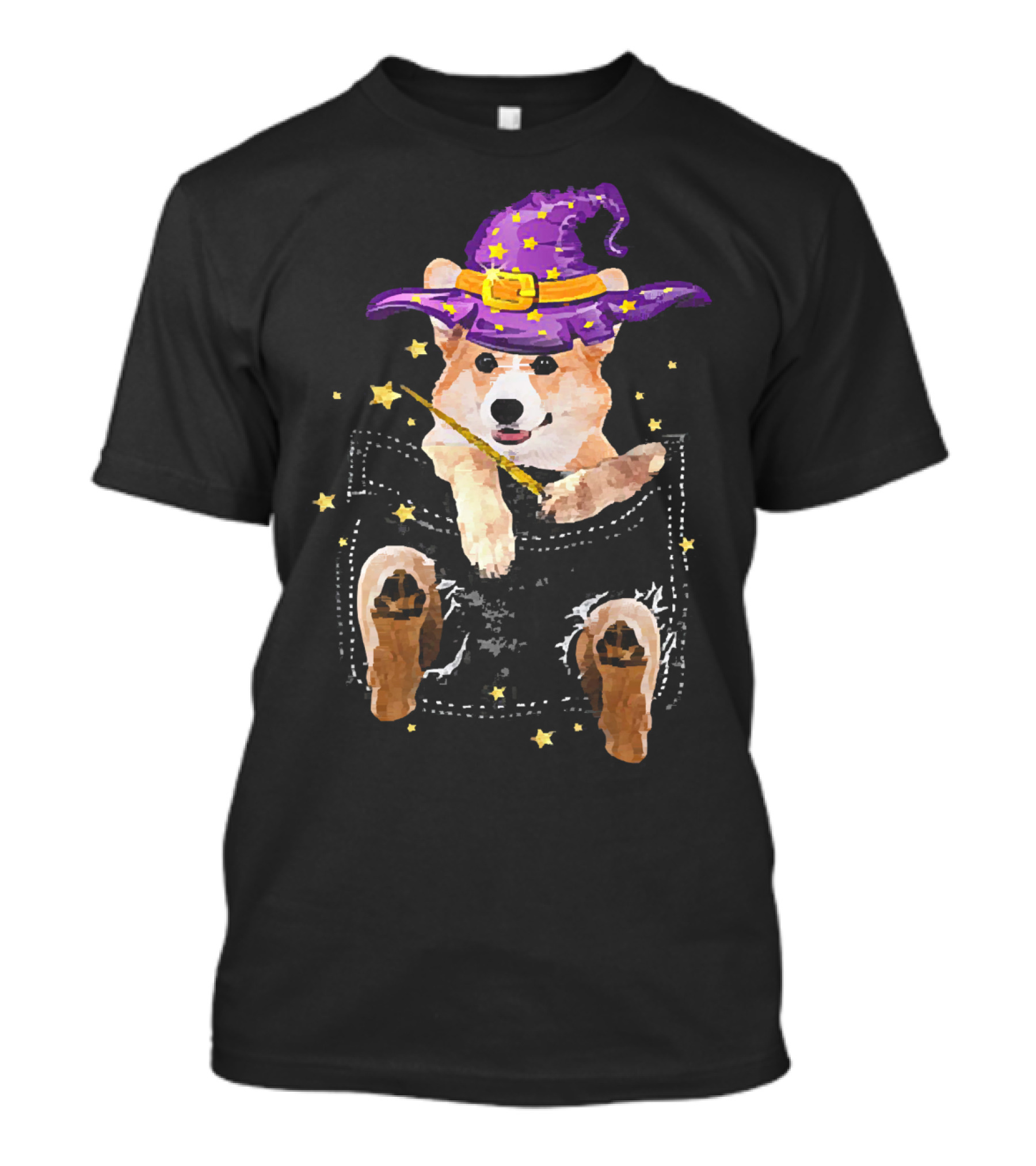 Corgi Witch Hat Starry Pocket Magic Wand Corgi T-Shirt