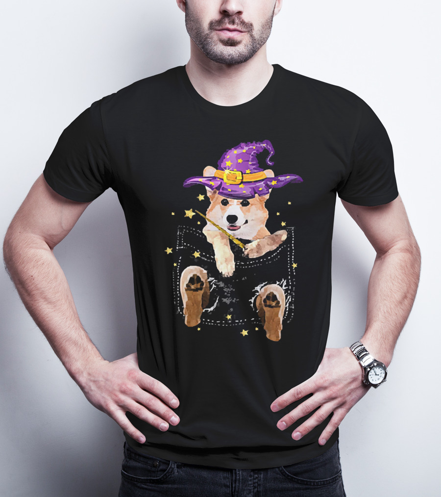 Corgi Witch Hat Starry Pocket Magic Wand Corgi T-Shirt