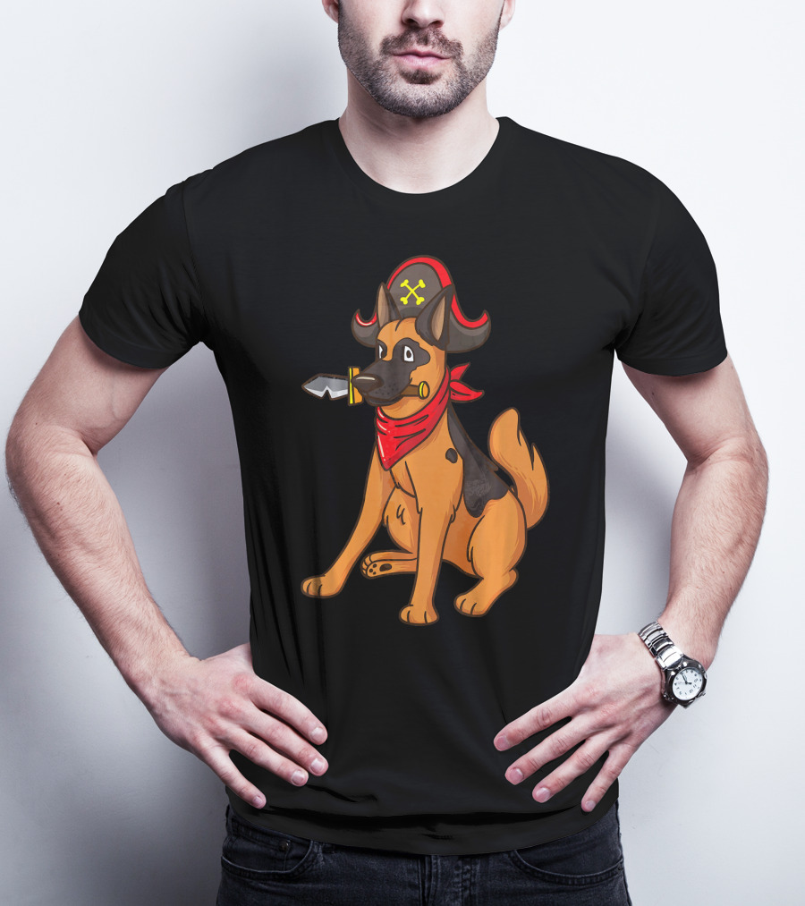 Pirate German Shepherd With Red Bandana And Hat For Halloween T-Shirt