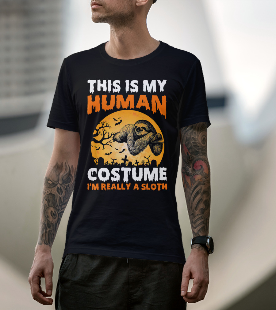 This Is My Human Costume I'm Really A Sloth Halloween Moon Cemetery T-Shirt