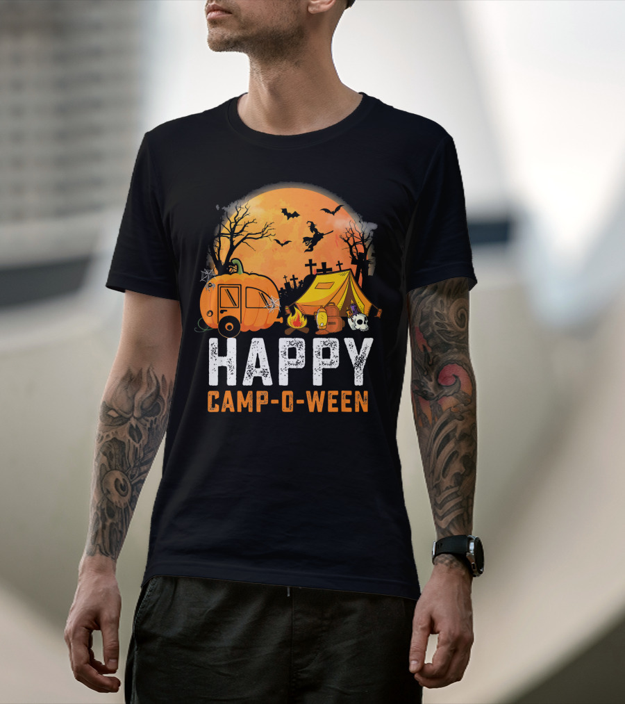 Funny Happy Camp O Ween Camping Halloween Scene With Pumpkin Caravan And Tent T-Shirt