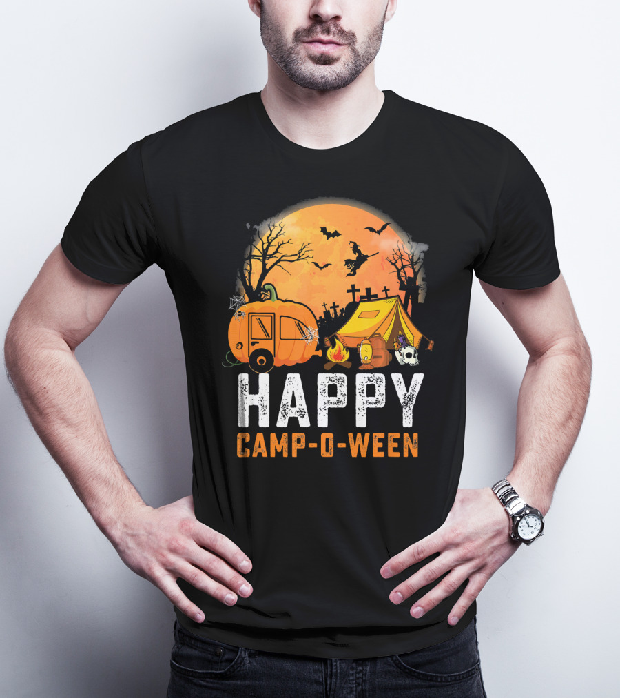 Funny Happy Camp O Ween Camping Halloween Scene With Pumpkin Caravan And Tent T-Shirt