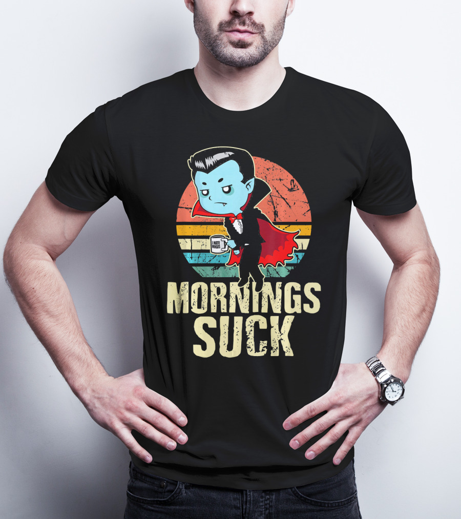 Mornings Suck Cute Funny Vampire With I Hate Mornings Coffee Cup T-Shirt