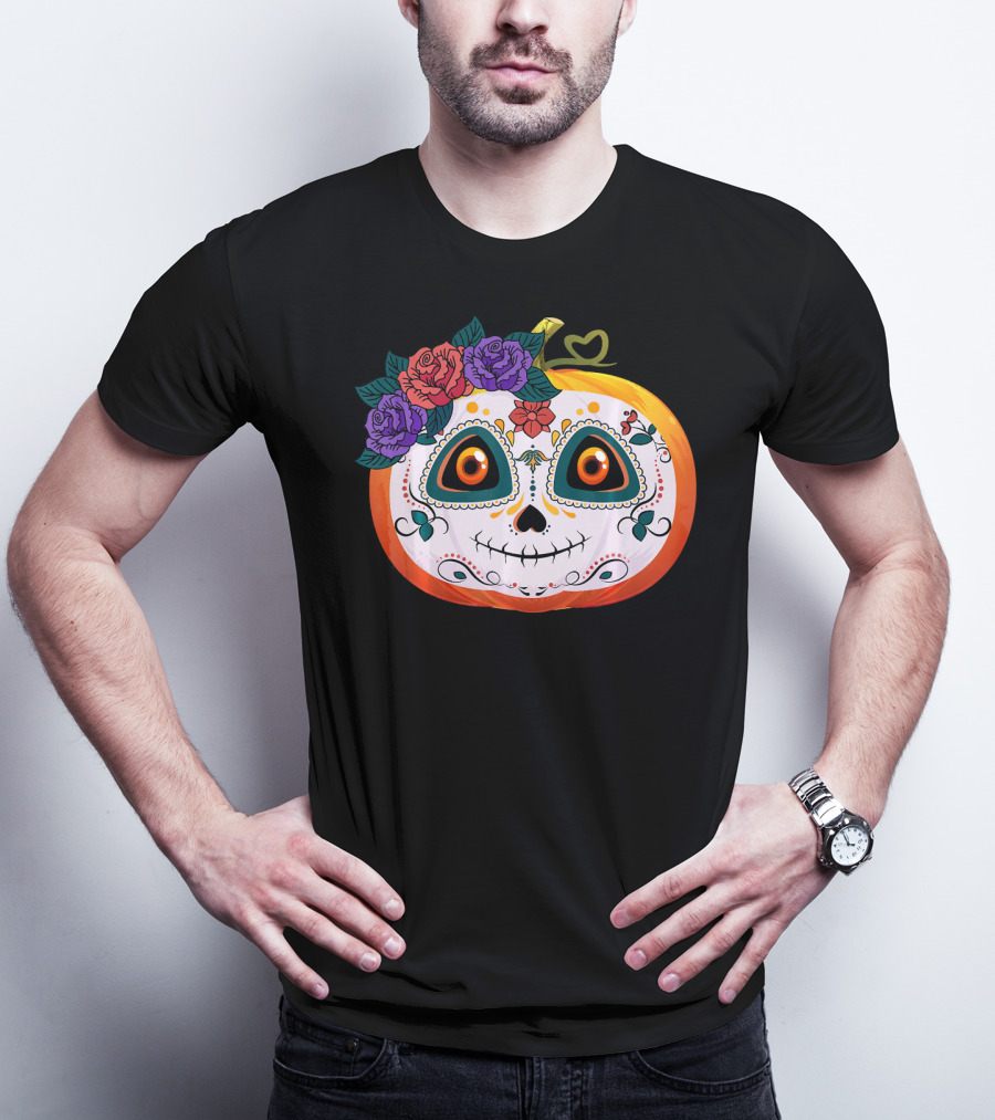 Pumpkin Floral Sugar Skull Jack O Lantern With Flowers T-Shirt