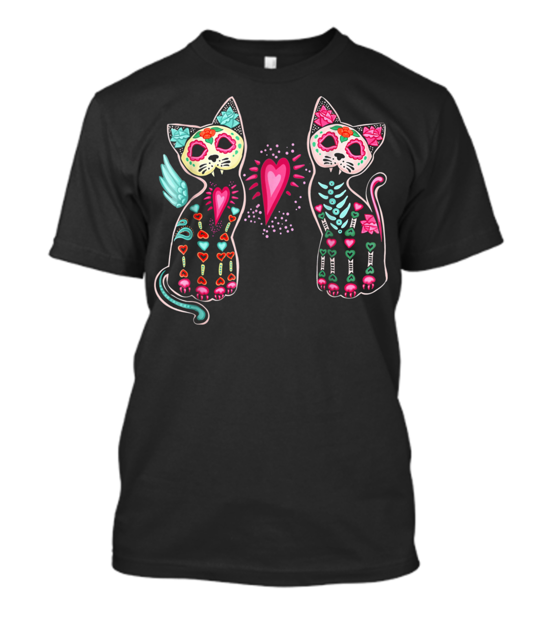 Day Of Dead Sugar Cats Skeleton Skull Winged Heart T-Shirt
